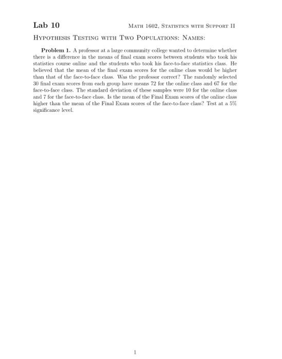 Solved Lab 10 Math 1602, Statistics wrtu SuppoRt II | Chegg.com