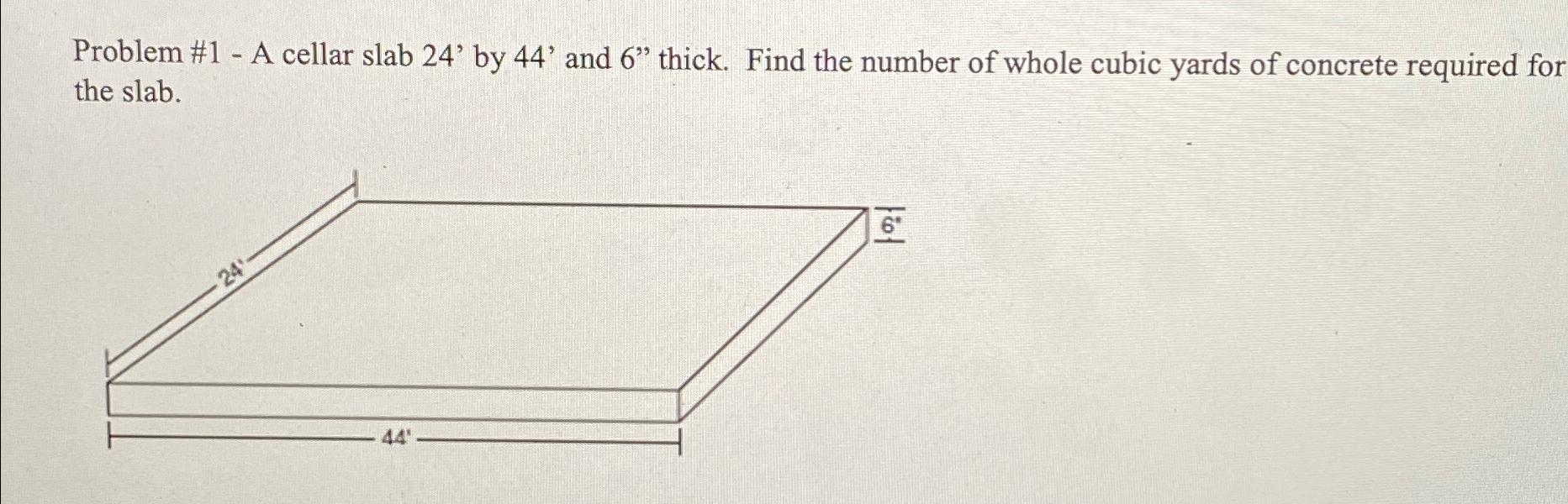 Solved Problem #1 - ﻿A cellar slab 24' ﻿by 44' ﻿and 6" | Chegg.com
