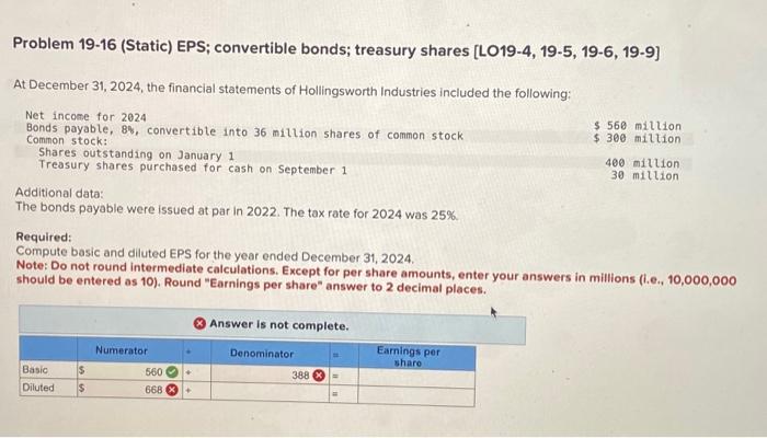Solved Problem 19-16 (Static) EPS; convertible bonds; | Chegg.com