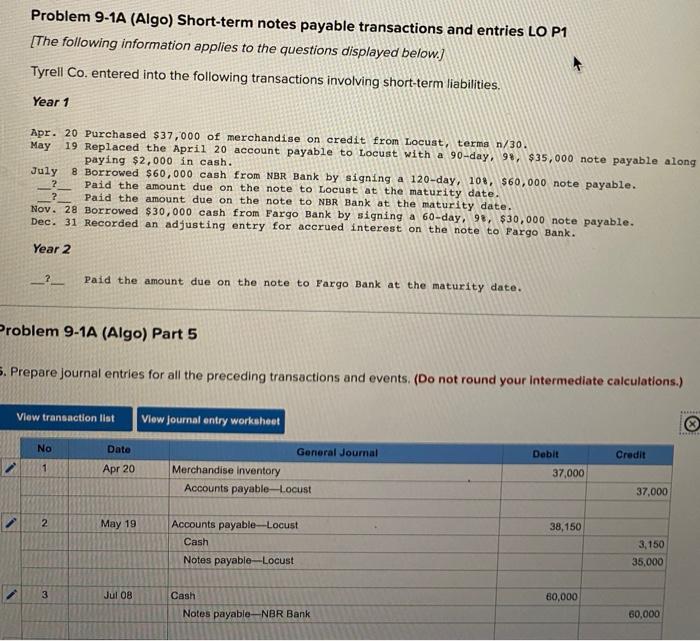Solved Problem 9-1A (Algo) Short-term notes payable | Chegg.com