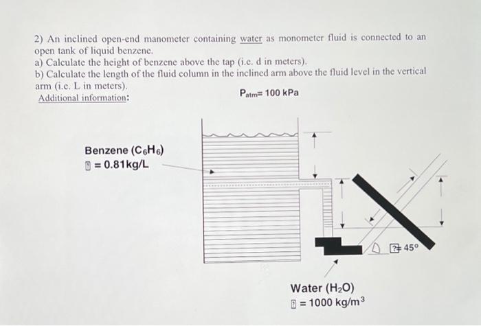 2) An inclined open-end manometer containing water as | Chegg.com