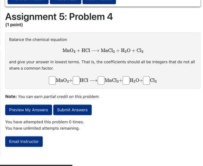 Solved Assignment 5: Problem 4 (1 point) Balance the | Chegg.com