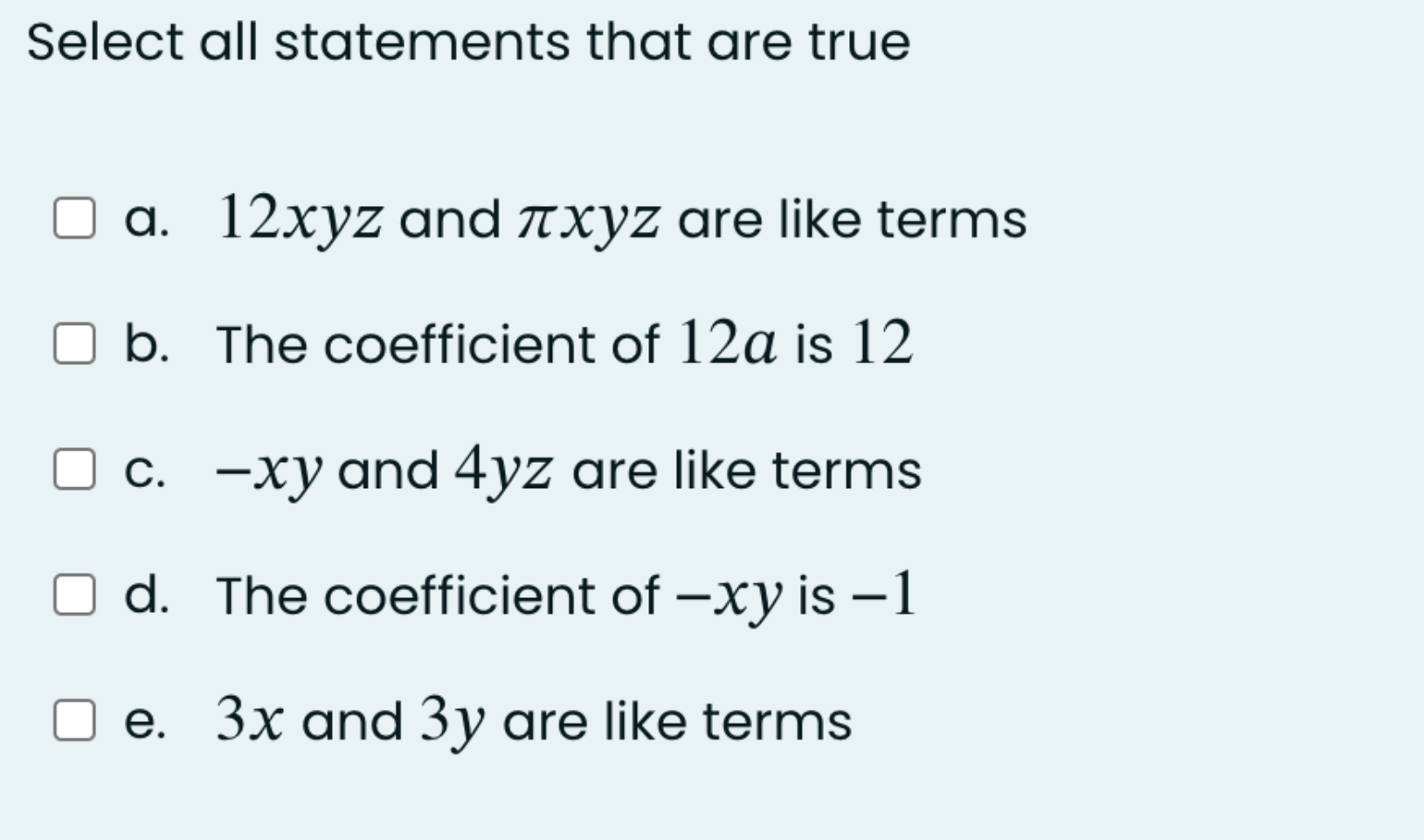 Solved Select all statements that are truea. ,12xyz ﻿and | Chegg.com