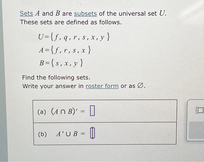 Solved Sets A and B are subsets of the universal set U. | Chegg.com