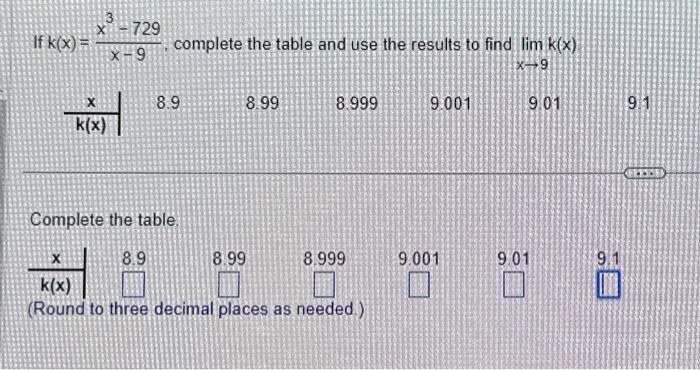 Solved If k(x)=x−9x3−729, complete the table and use the | Chegg.com