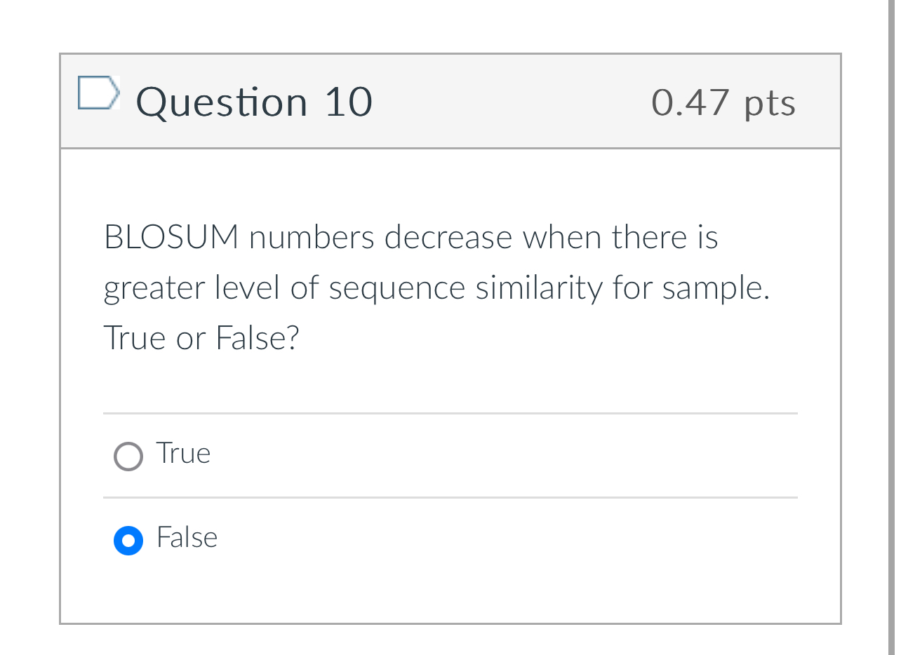 Solved Question 100.47 ﻿ptsBLOSUM numbers decrease when | Chegg.com