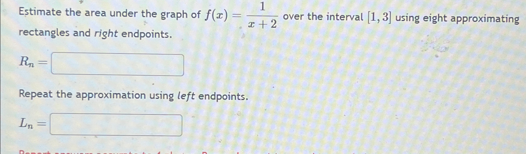 Solved Estimate the area under the graph of f(x)=1x+2 ﻿over | Chegg.com