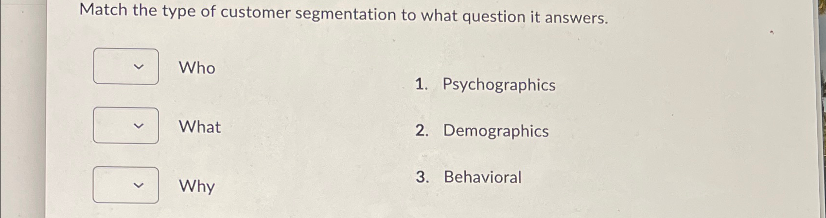 Solved Match the type of customer segmentation to what | Chegg.com