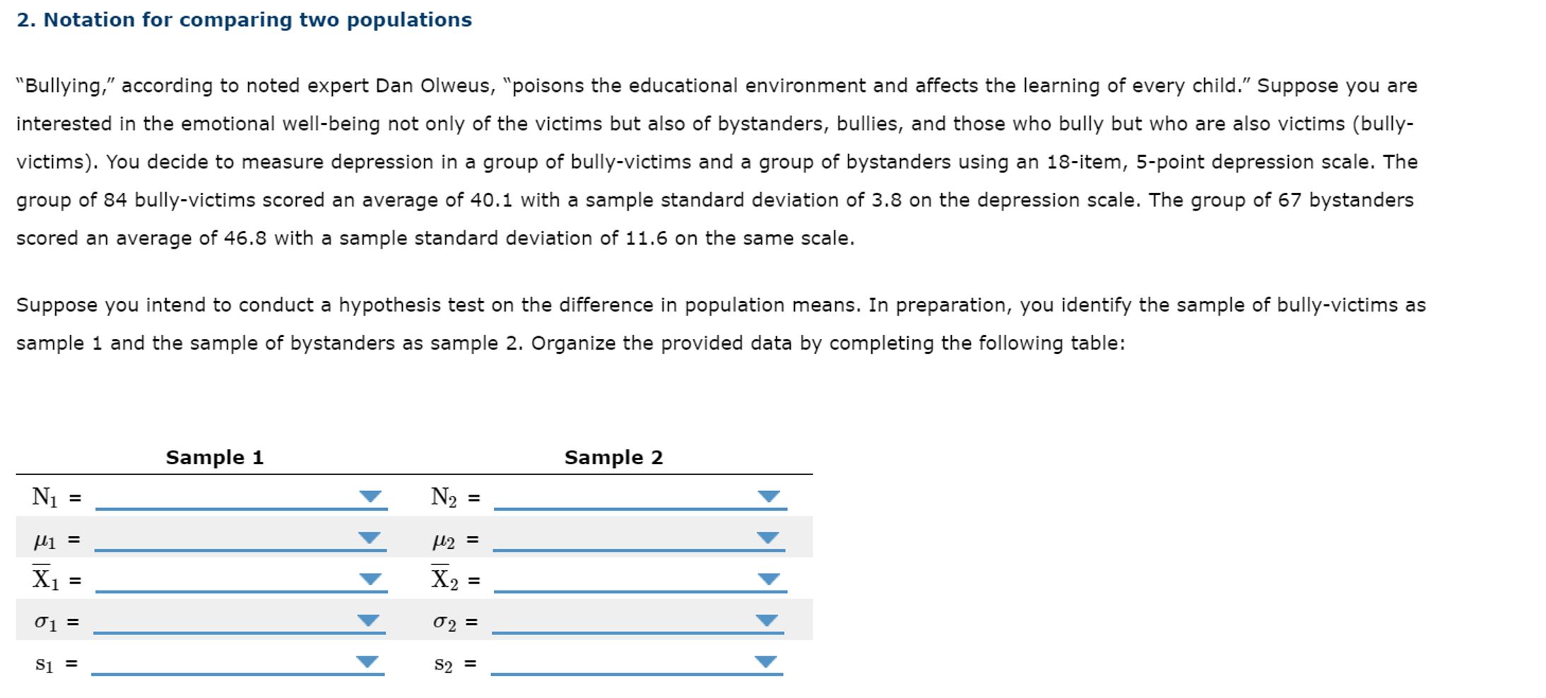Solved Notation for comparing two populations"Bullying," | Chegg.com