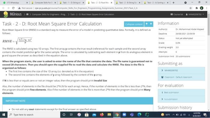 Solved Task - 2 - D: Root Mean Square Error CalculationRoot | Chegg.com