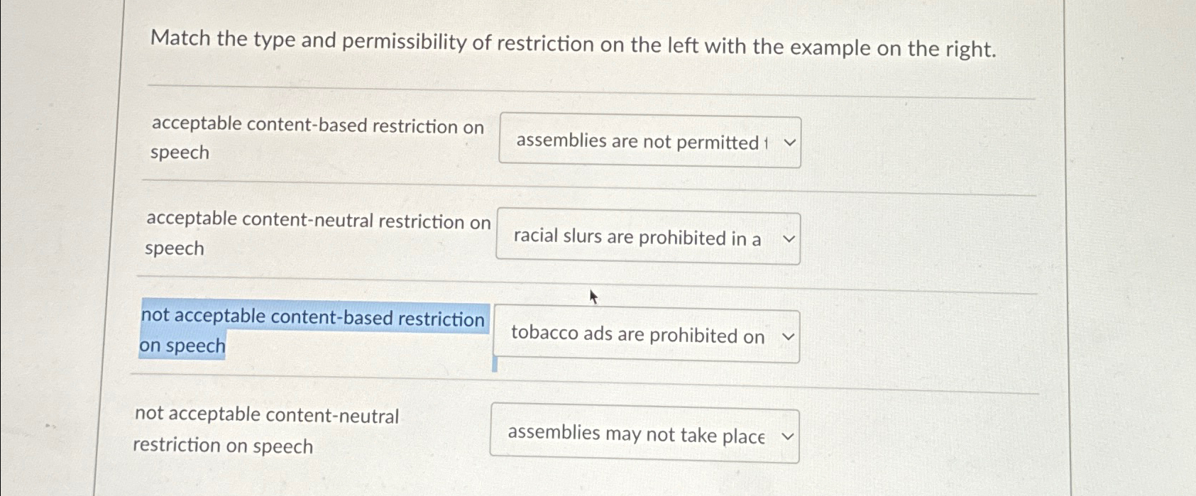 Solved Match the type and permissibility of restriction on | Chegg.com