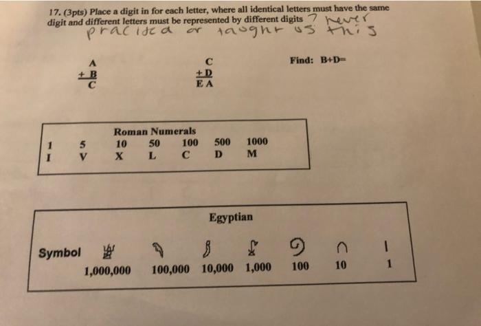 Solved 17. (3pts) Place a digit in for each letter, where | Chegg.com