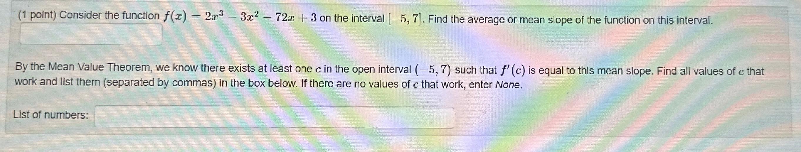 Solved (1 ﻿point) ﻿Consider the function f(x)=2x3-3x2-72x+3 | Chegg.com