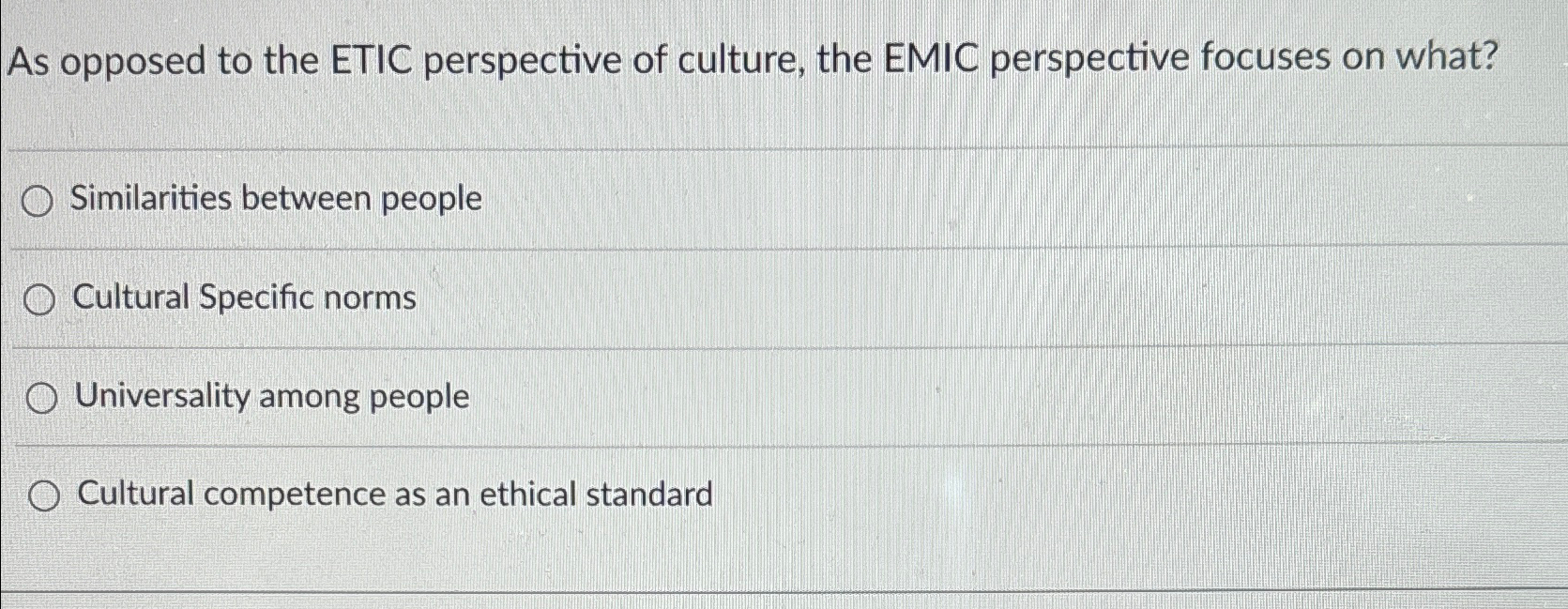 Solved As opposed to the ETIC perspective of culture, the | Chegg.com