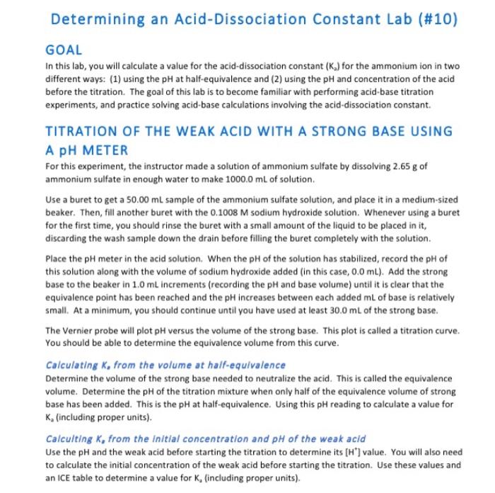 Determining an Acid-Dissociation Constant Lab (#10) | Chegg.com