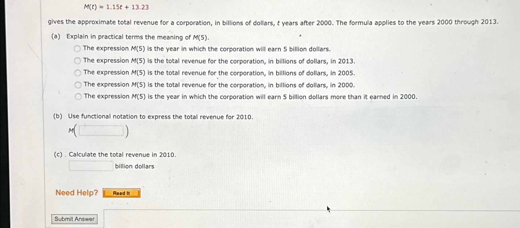 Solved M(t)=1.15t+13.23gives the approximate total revenue | Chegg.com
