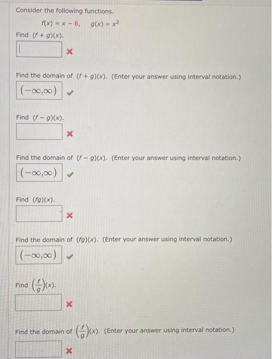 Solved Consider the following functions. f(x)=x−6,g(x)=x2 | Chegg.com
