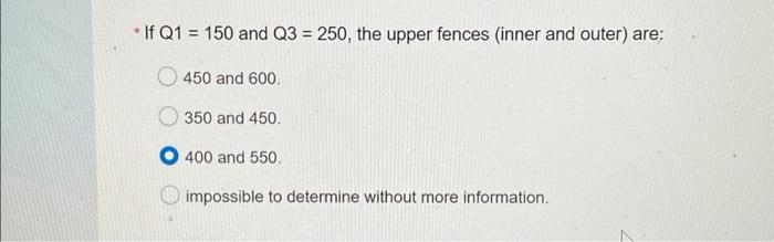 Solved * If Q1 = 150 and Q3 = 250, the upper fences (inner | Chegg.com