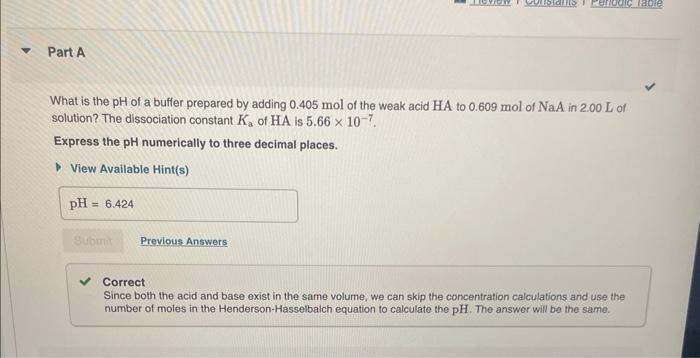 Solved What is the pH of a buffer prepared by adding 0.405 | Chegg.com