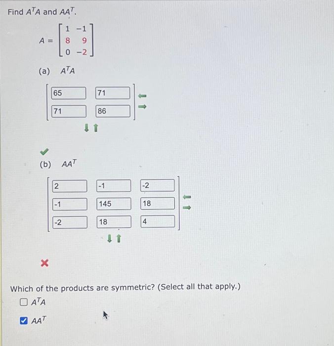 Solved Find ATA and AAT. A=⎣⎡180−19−2⎦⎤ (a) ATA (b) AAT | Chegg.com