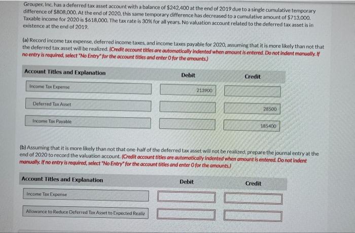 Solved Grouper, Inc has a deferred tax asset account with a | Chegg.com