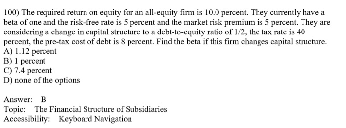 Solved 100) The required return on equity for an all-equity | Chegg.com