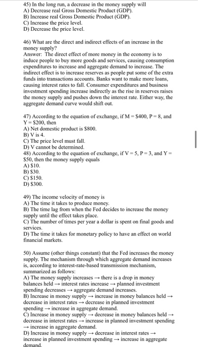 Solved 45 In The Long Run A Decrease In The Money Supply Chegg