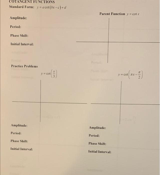 Solved COTANGENT FUNCTIONS Standard Form: y = a cot(bx -c)+d | Chegg.com