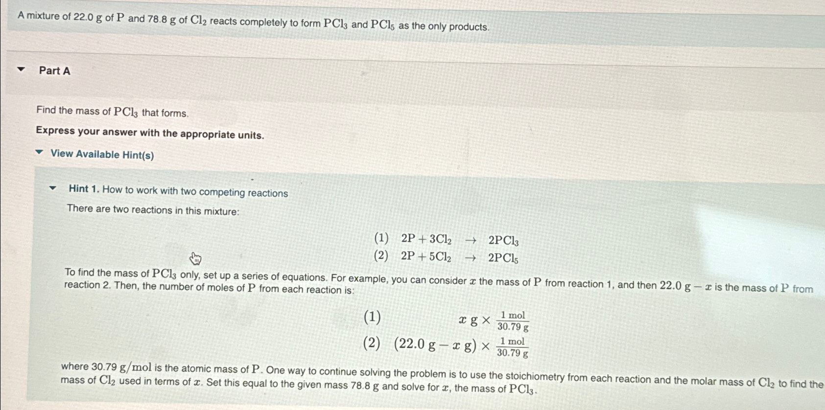 Solved A mixture of 22.0g ﻿of P ﻿and 78.8g ﻿of Cl2 ﻿reacts | Chegg.com