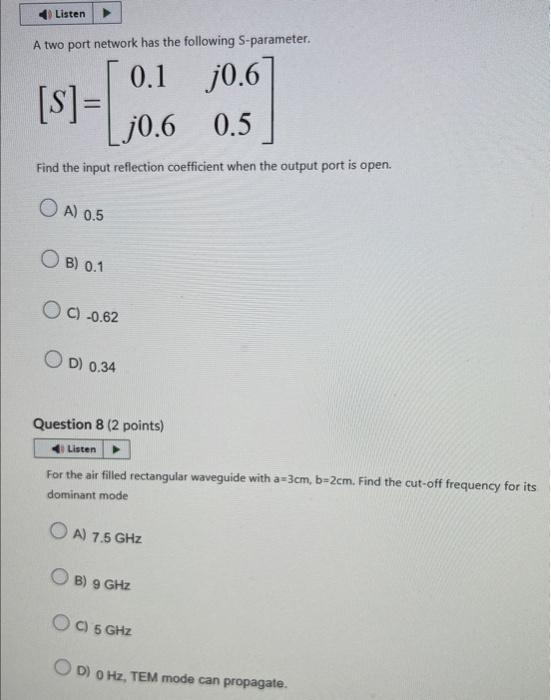 Solved A two port network has the following S-parameter. | Chegg.com