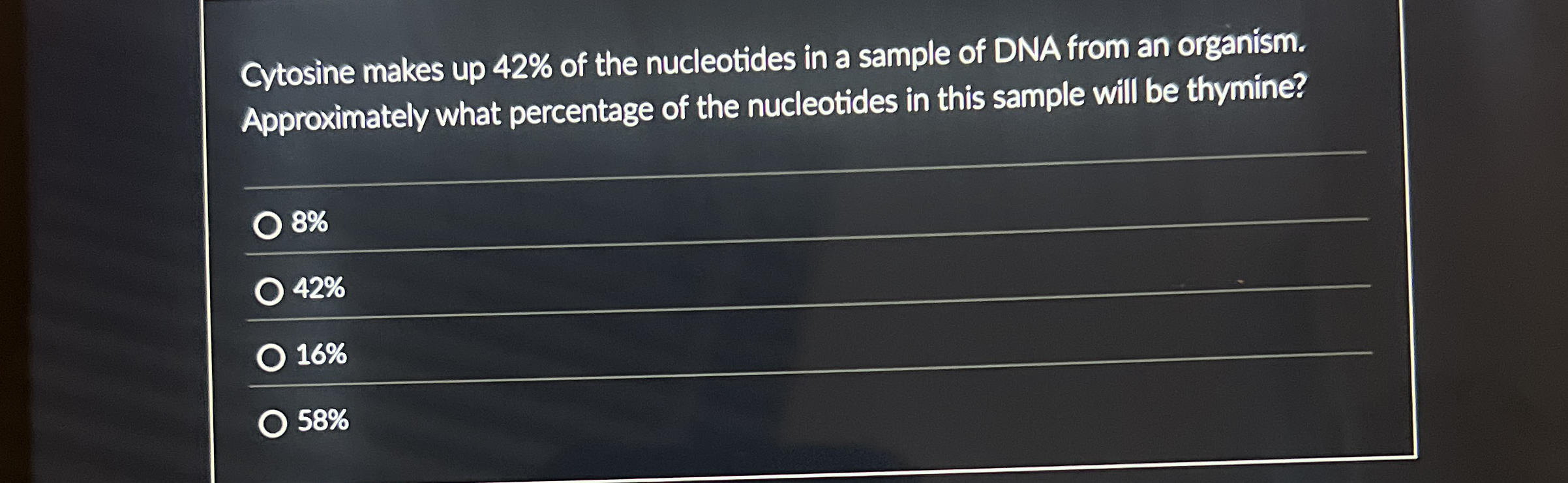 Solved Cytosine makes up 42% ﻿of the nucleotides in a sample | Chegg.com