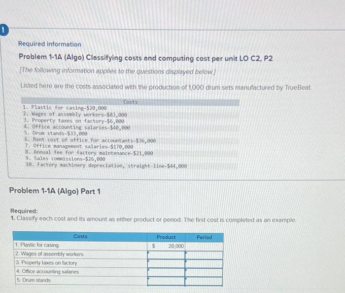 Solved Required information Problem 1-1A (Algo) Classifying | Chegg.com