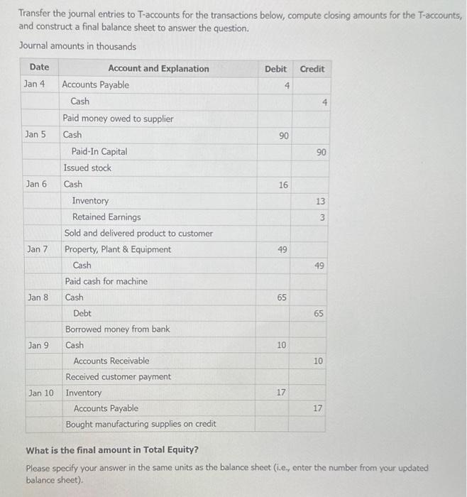Solved Transfer the journal entries to T-accounts for the | Chegg.com