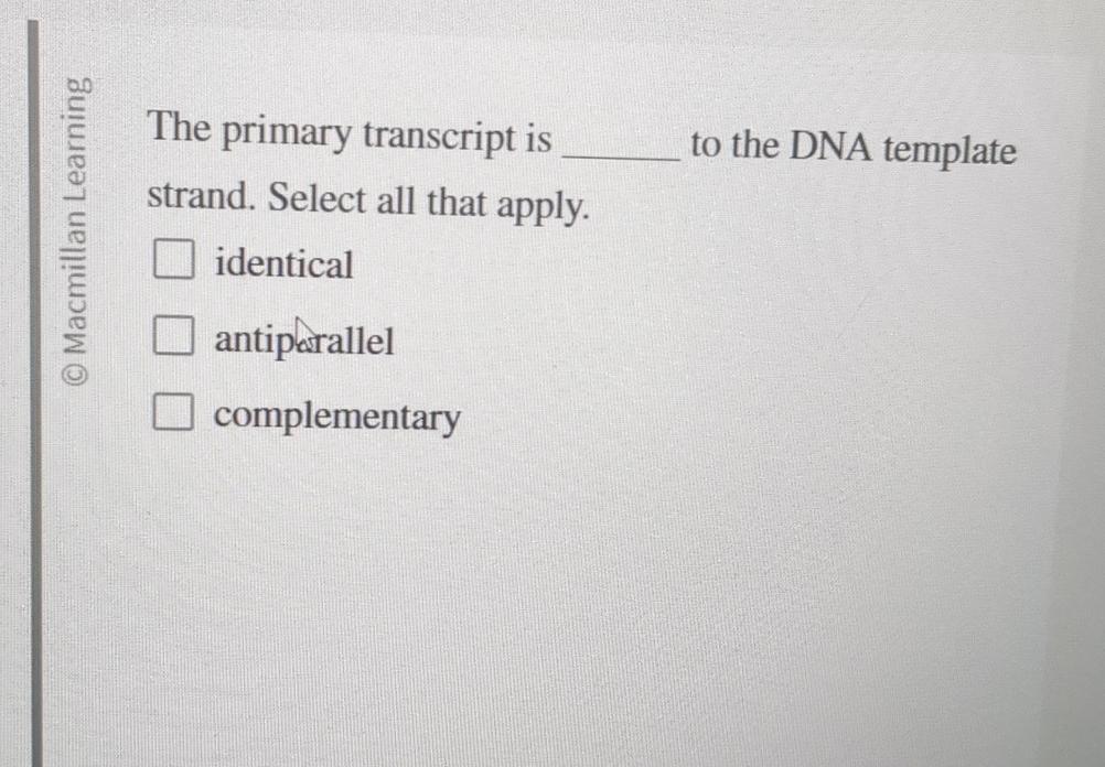Solved The primary transcript is to the DNA template strand. | Chegg.com