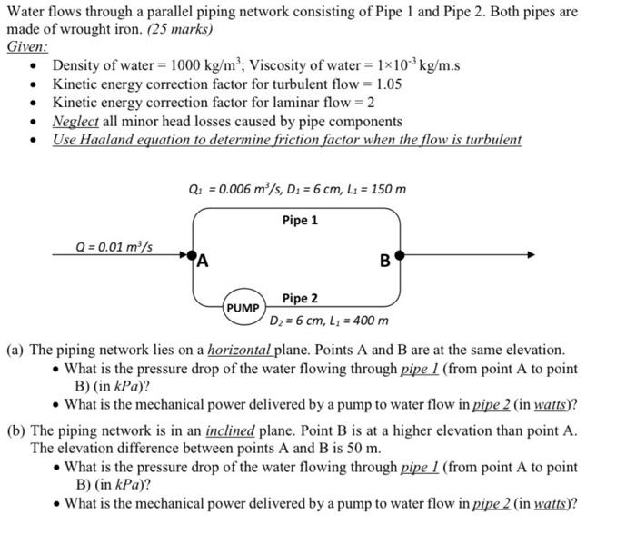 Solved Water flows through a parallel piping network | Chegg.com