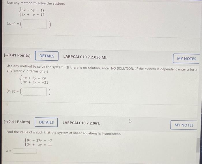 Solved Use any method to solve the system. {3x−5y=192x+y=17) | Chegg.com
