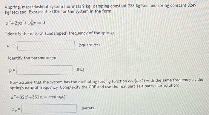 Solved A spring/mass/dashpot system has mass 9 kg, damping | Chegg.com