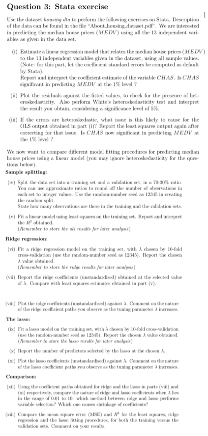 Question 3: Stata exerciseUse the dataset housing.dta | Chegg.com