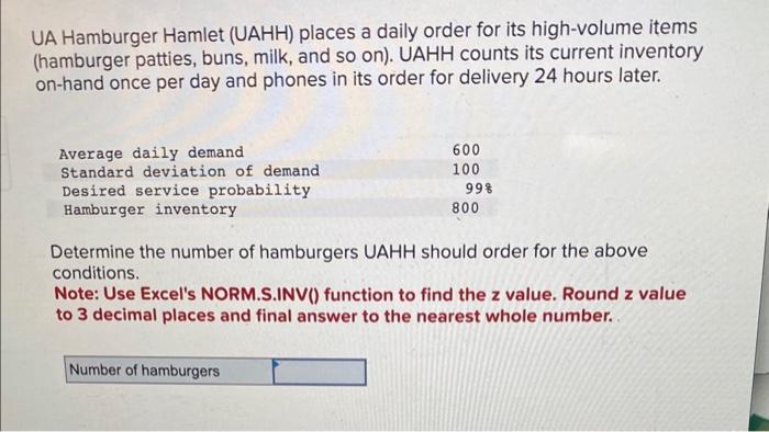 Solved UA Hamburger Hamlet (UAHH) places a daily order for | Chegg.com