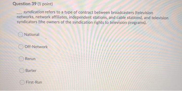 Solved Question 39 (1 point) syndication refers to a type of | Chegg.com