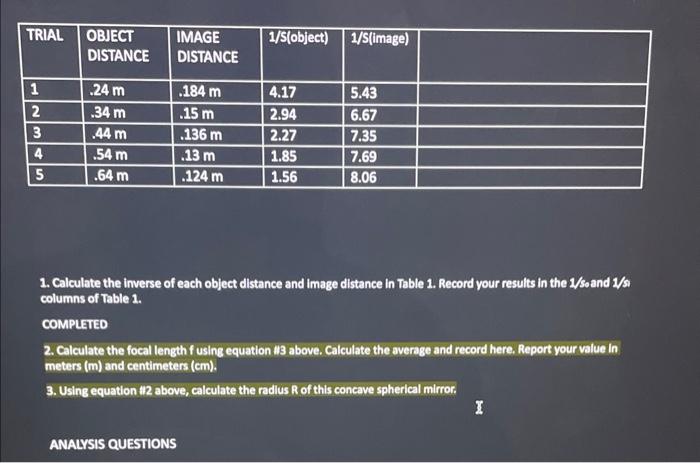 Solved 1. Calculate the inverse of each object distance and | Chegg.com