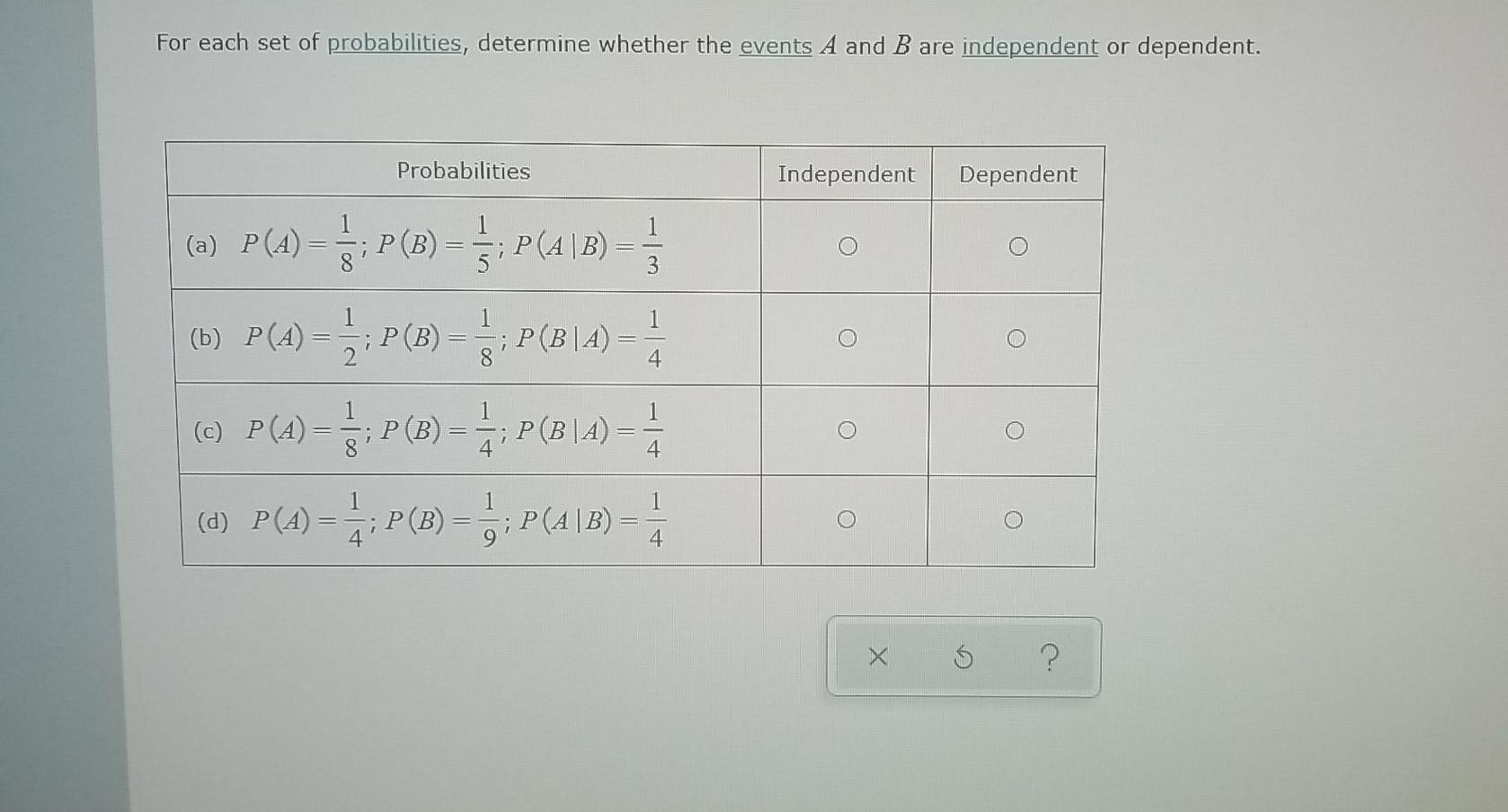 Solved For each set of probabilities, determine whether the | Chegg.com