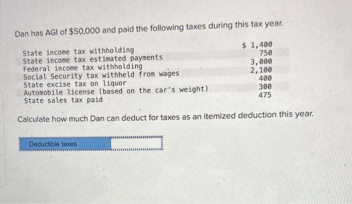 Solved Dan has AGI of $50,000 and paid the following taxes | Chegg.com