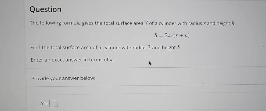 Solved QuestionThe following formula gives the total surface | Chegg.com