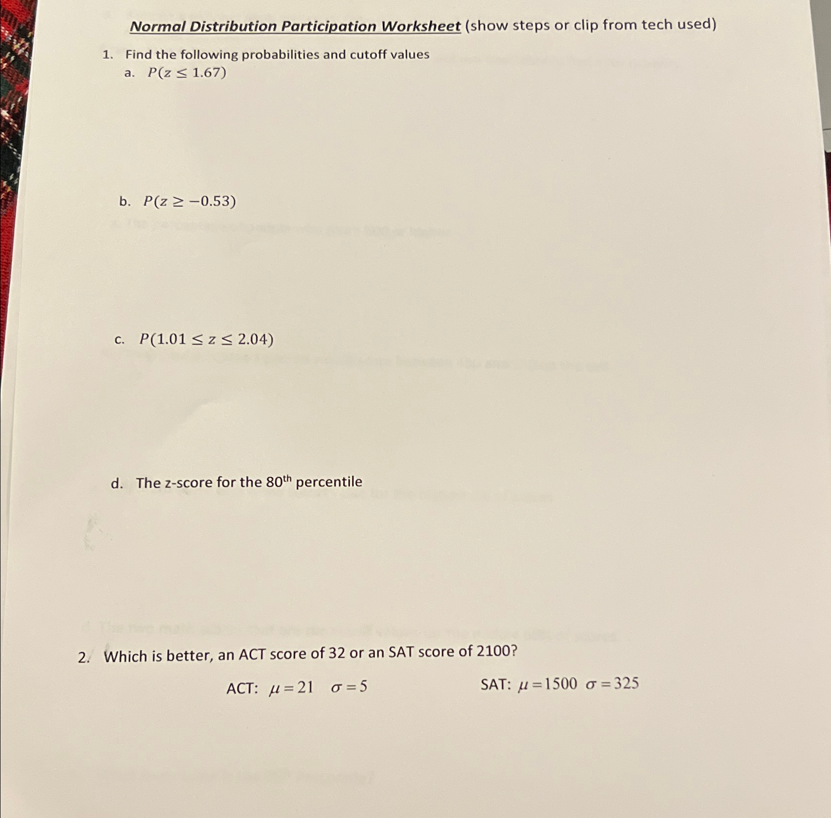 Solved Normal Distribution Participation Worksheet (show | Chegg.com
