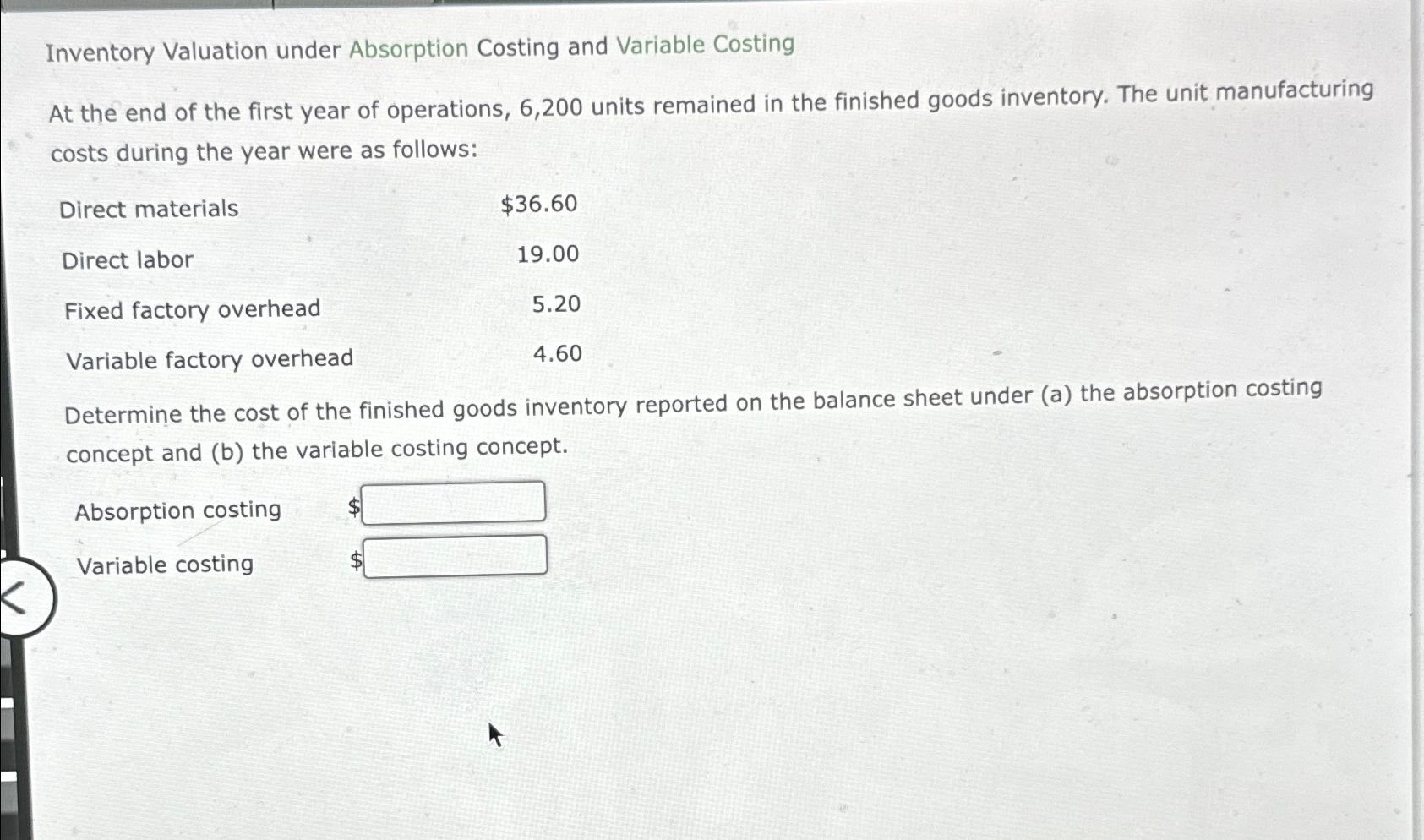 Solved Inventory Valuation under Absorption Costing and | Chegg.com