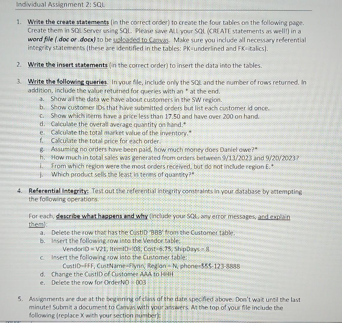 Solved 1. Write the create statements (in the correct order) | Chegg.com