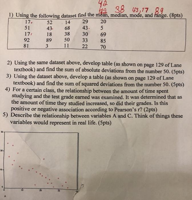 Solved 6 38 43,17.89 1) Using the following dataset find the | Chegg.com