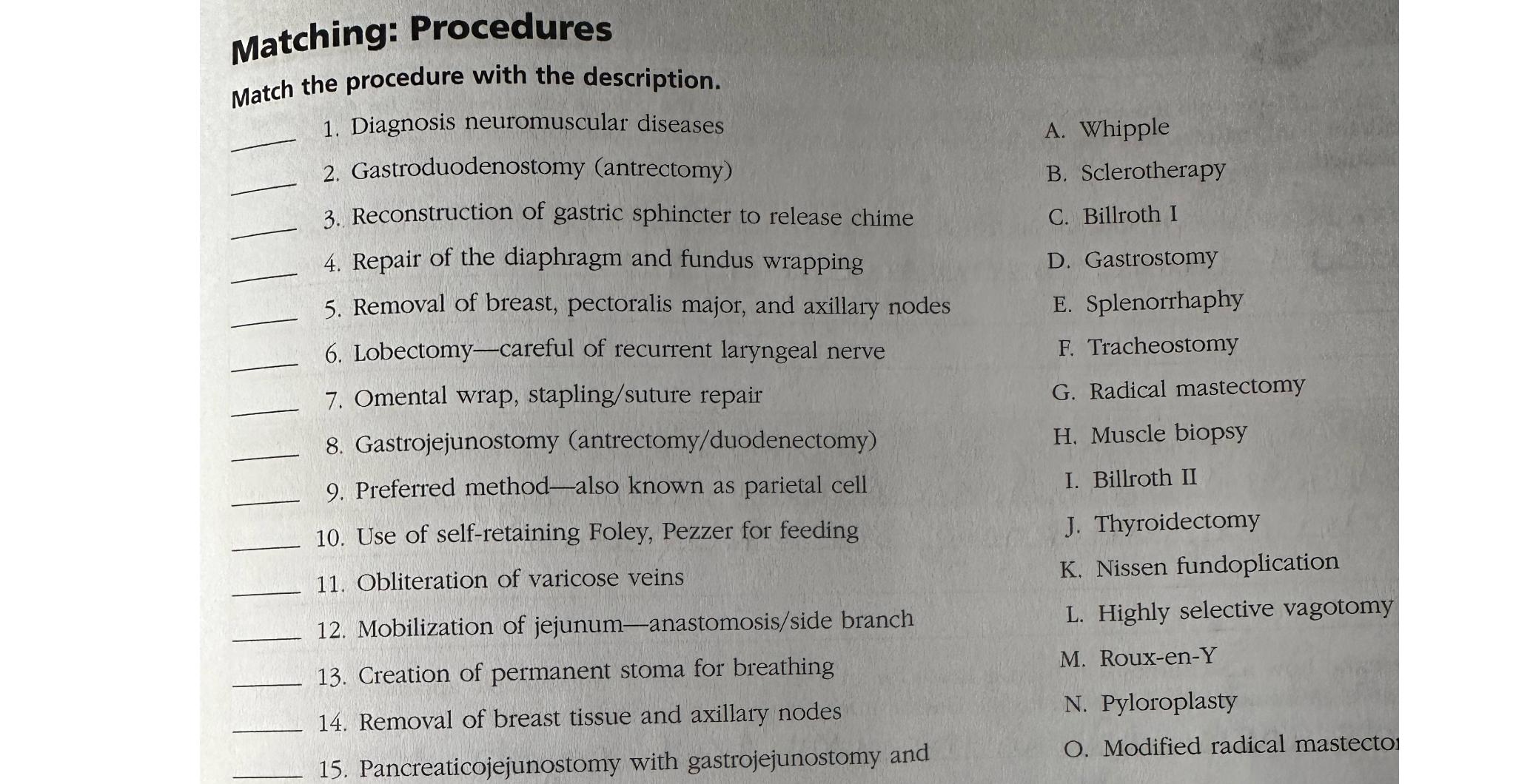 Solved Matching: ProceduresMatch the procedure with the | Chegg.com