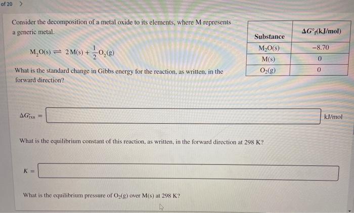 Solved of 20 > Consider the decomposition of a metal oxide | Chegg.com